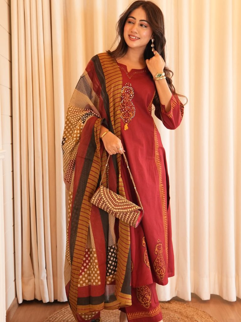 Ethnic Printed Cotton Maroon Kurta Set with Dupatta - Prisha Fashion ...